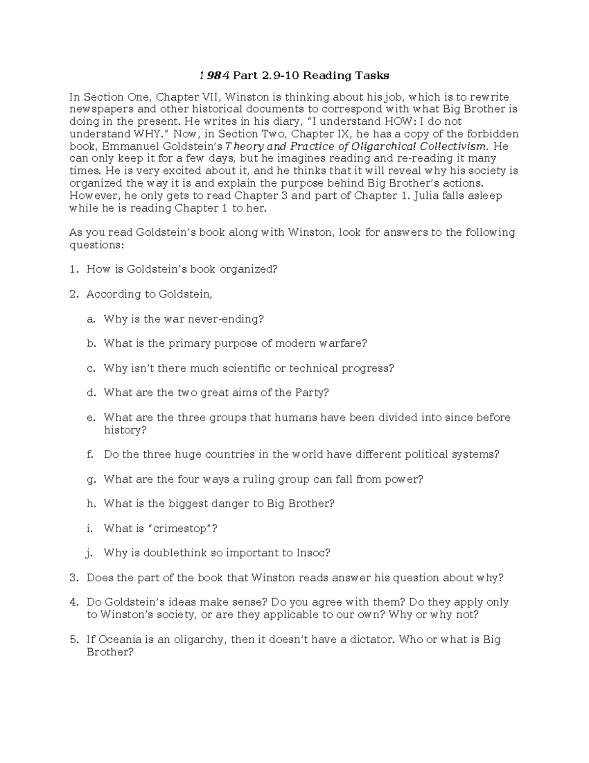 1984 Reading Tasks for Part 2.9-10: Key Concepts & Analysis - Studocu