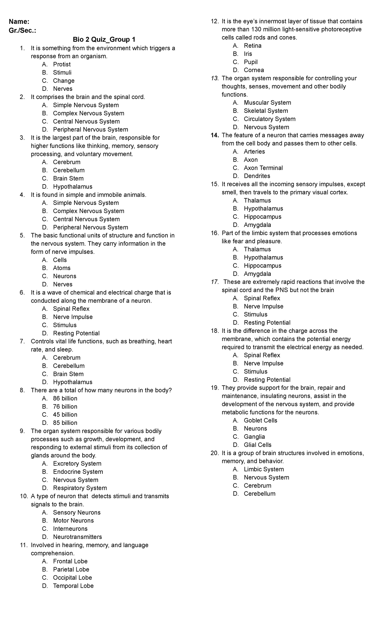 Gen Bio 2 Quiz: Nervous System Concepts - Group 1 - Studocu