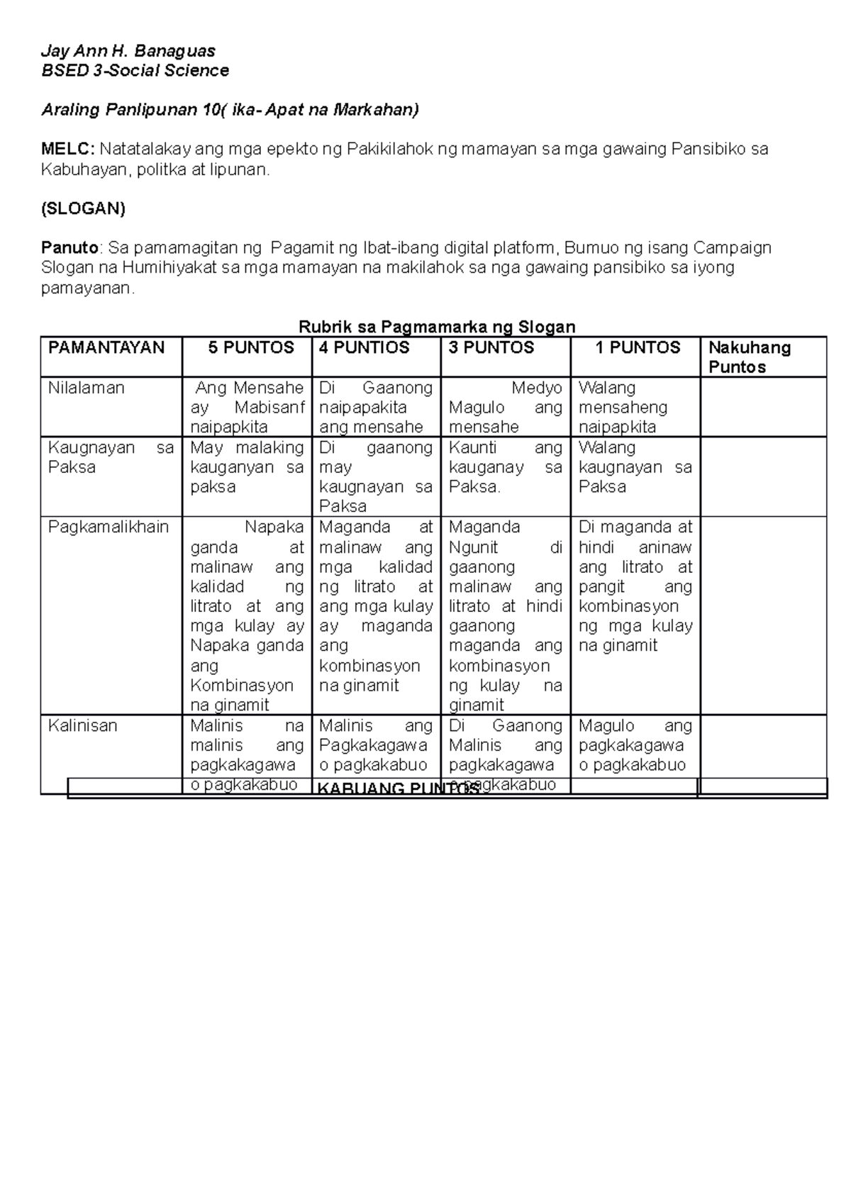 Araling Panlipunan 10 - Performance Task Rubrics for Slogan Campaign ...