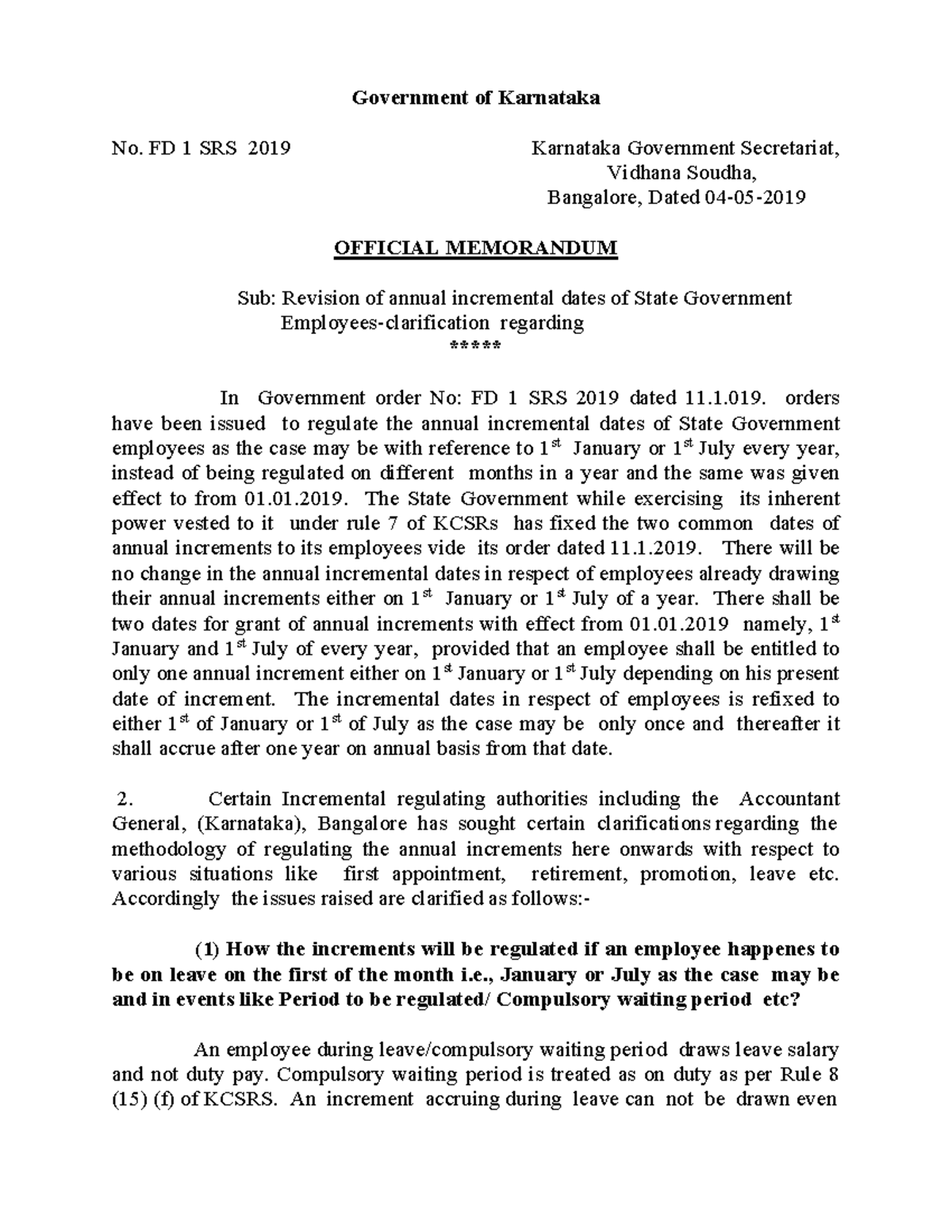 Revision of Increment Dates for State Employees - FD01SRS2019 - Studocu