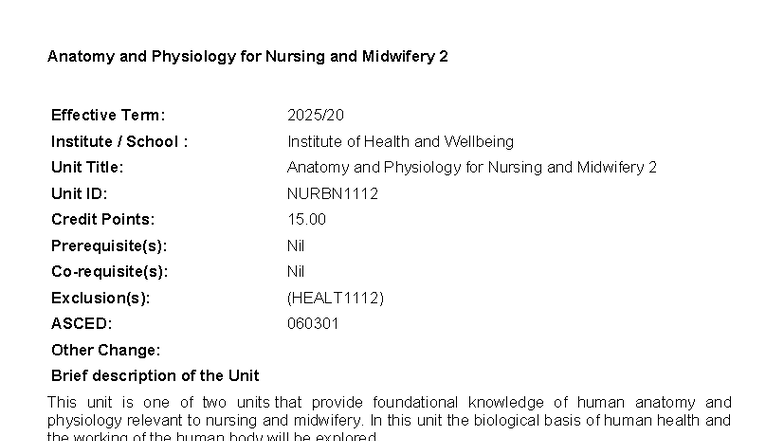 NURBN 1112 Anatomy & Physiology for Nursing & Midwifery 2 Notes - Studocu