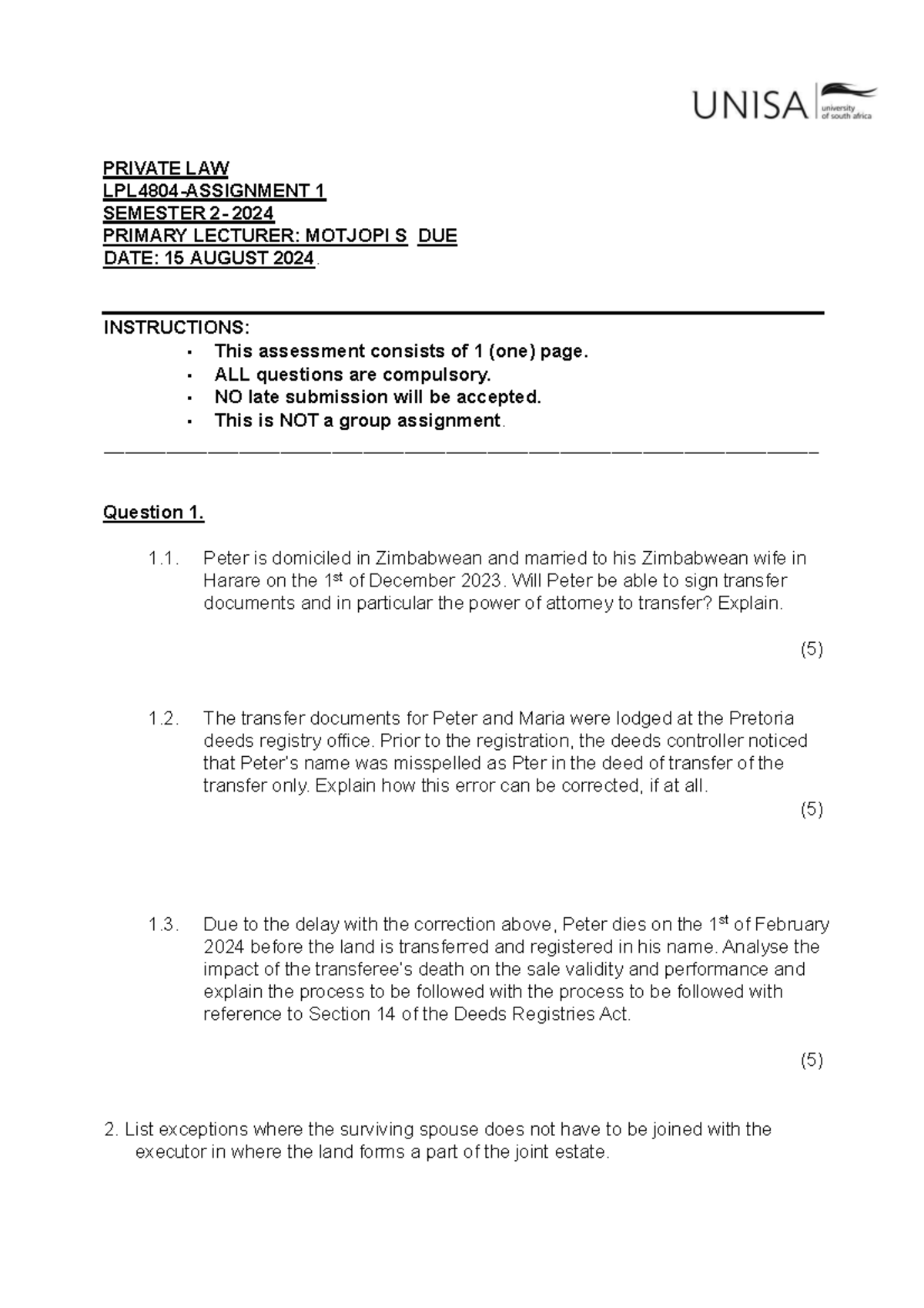 LPL4804 Assignment 1 2024 S2 - PRIVATE LAW LPL4804-ASSIGNMENT 1 SEMESTER 2- 2024 PRIMARY ...