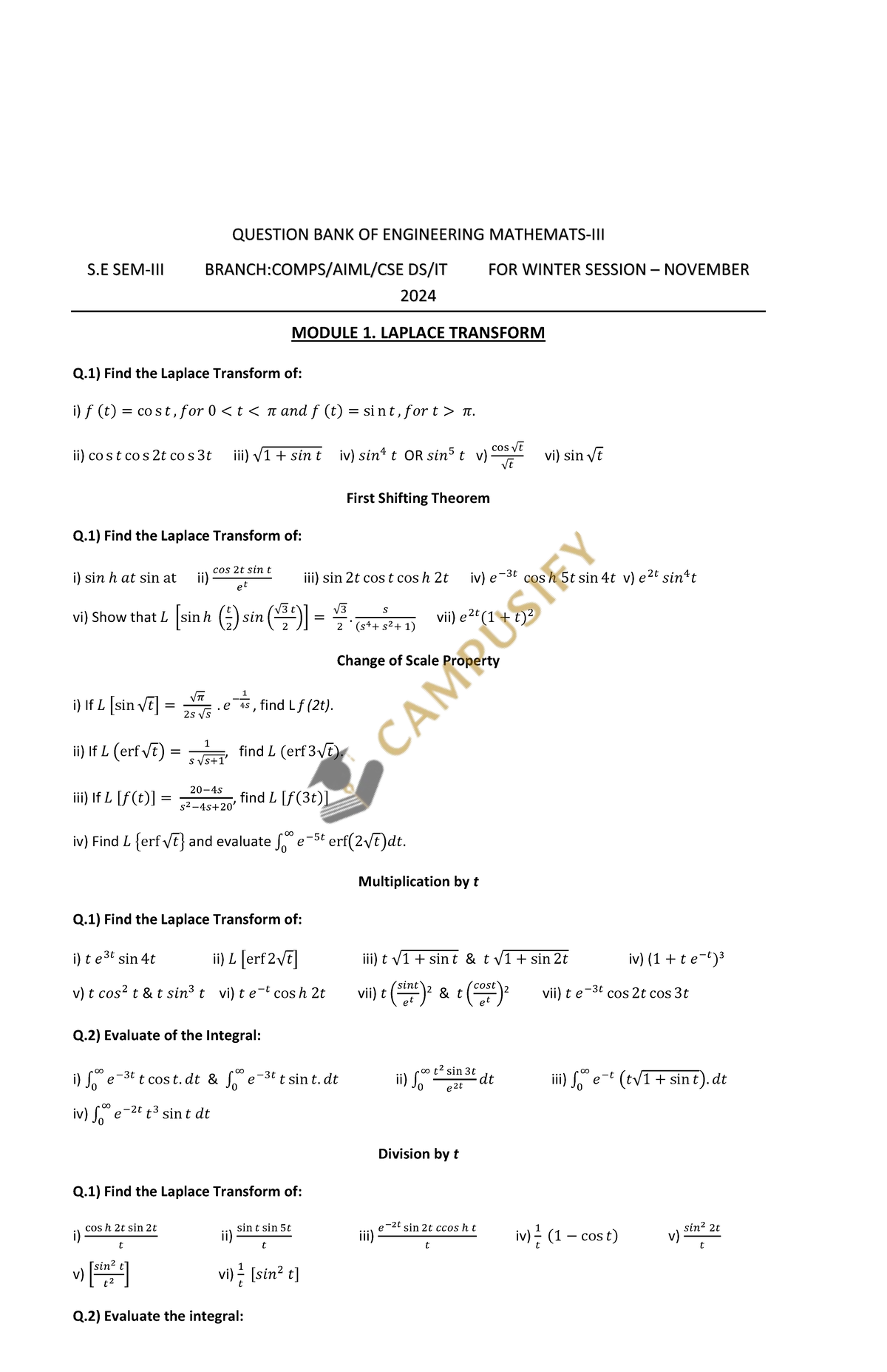 M3 Complete Question Bank for Engineering Mathematics-III (Sem-III ...