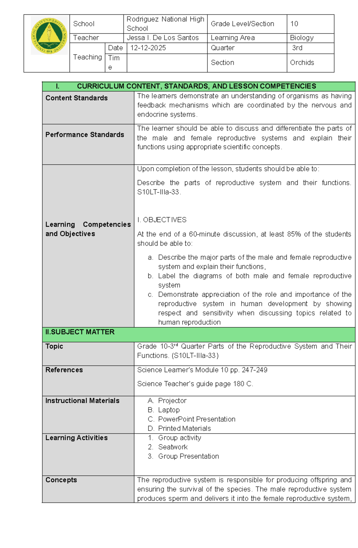 DLP 10 Q3: Daily Lesson Plan on Male & Female Reproductive Systems ...
