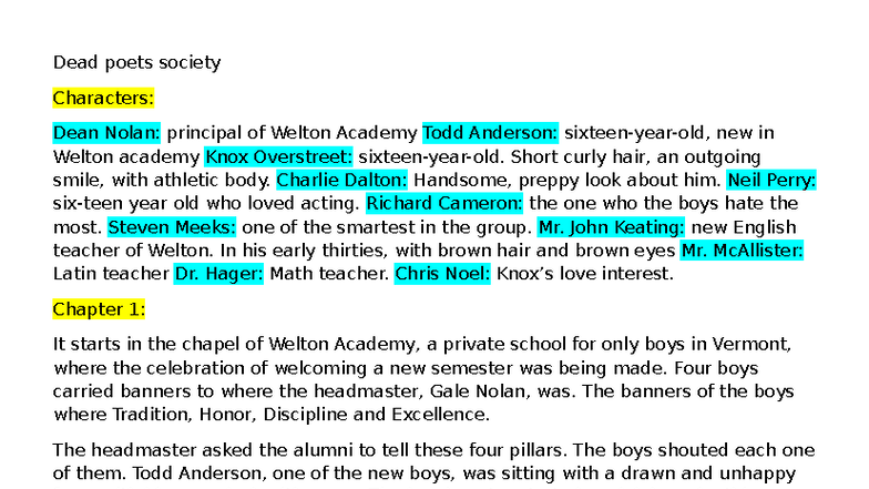 Dead Poets Society Character Analysis and Chapter Summaries - Studocu