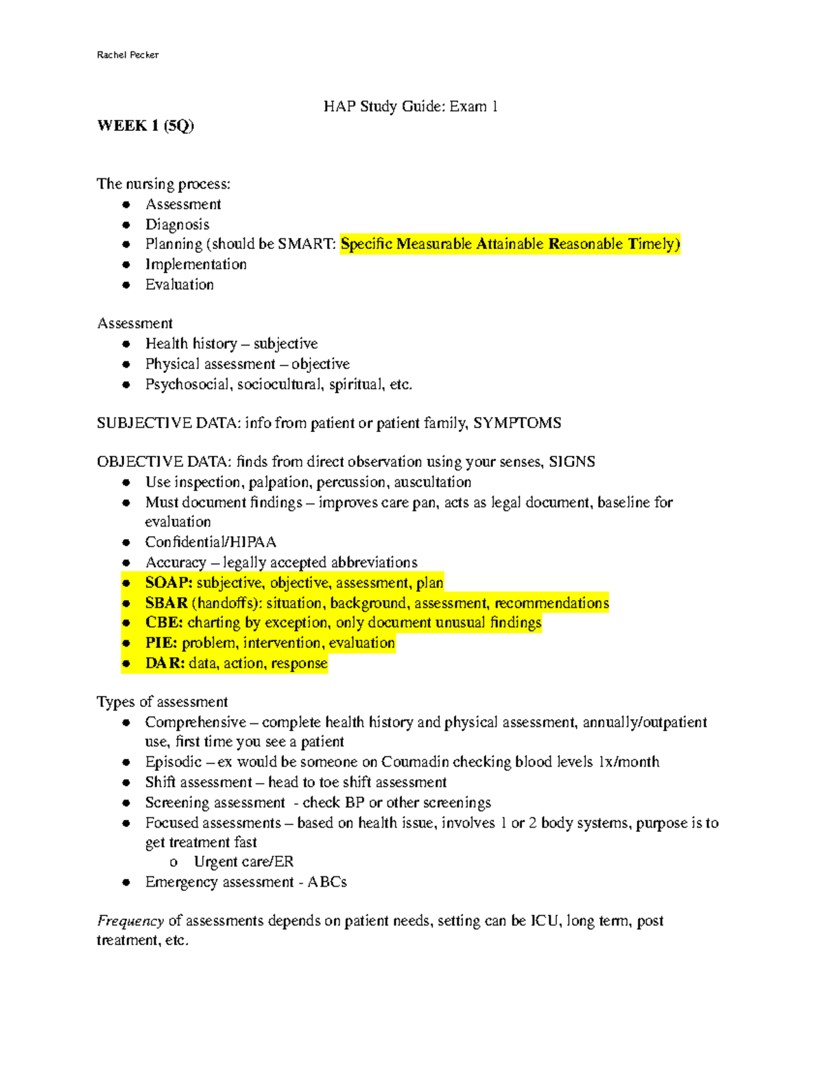 HAP 101 Midterm Study Guide: Essentials of Health Assessment and ...