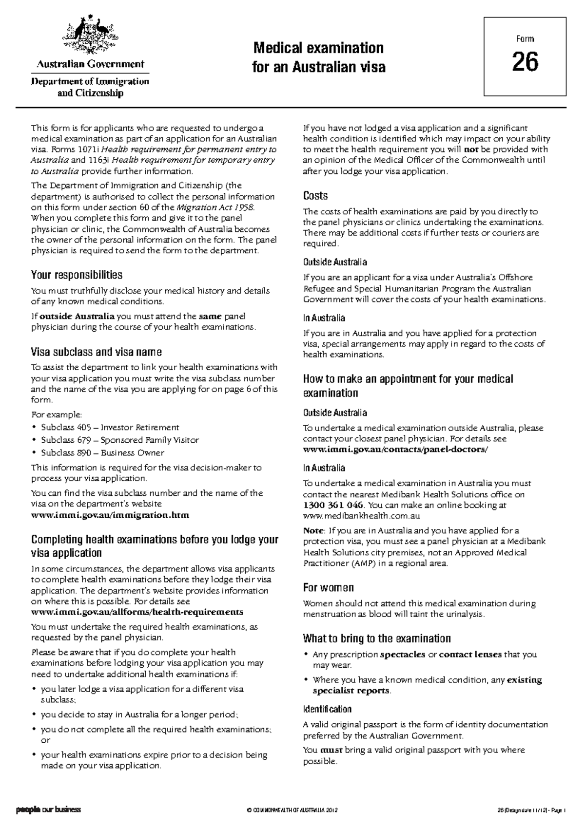 Medical Examination Requirements for Australian Visa (Form 26) - Studocu