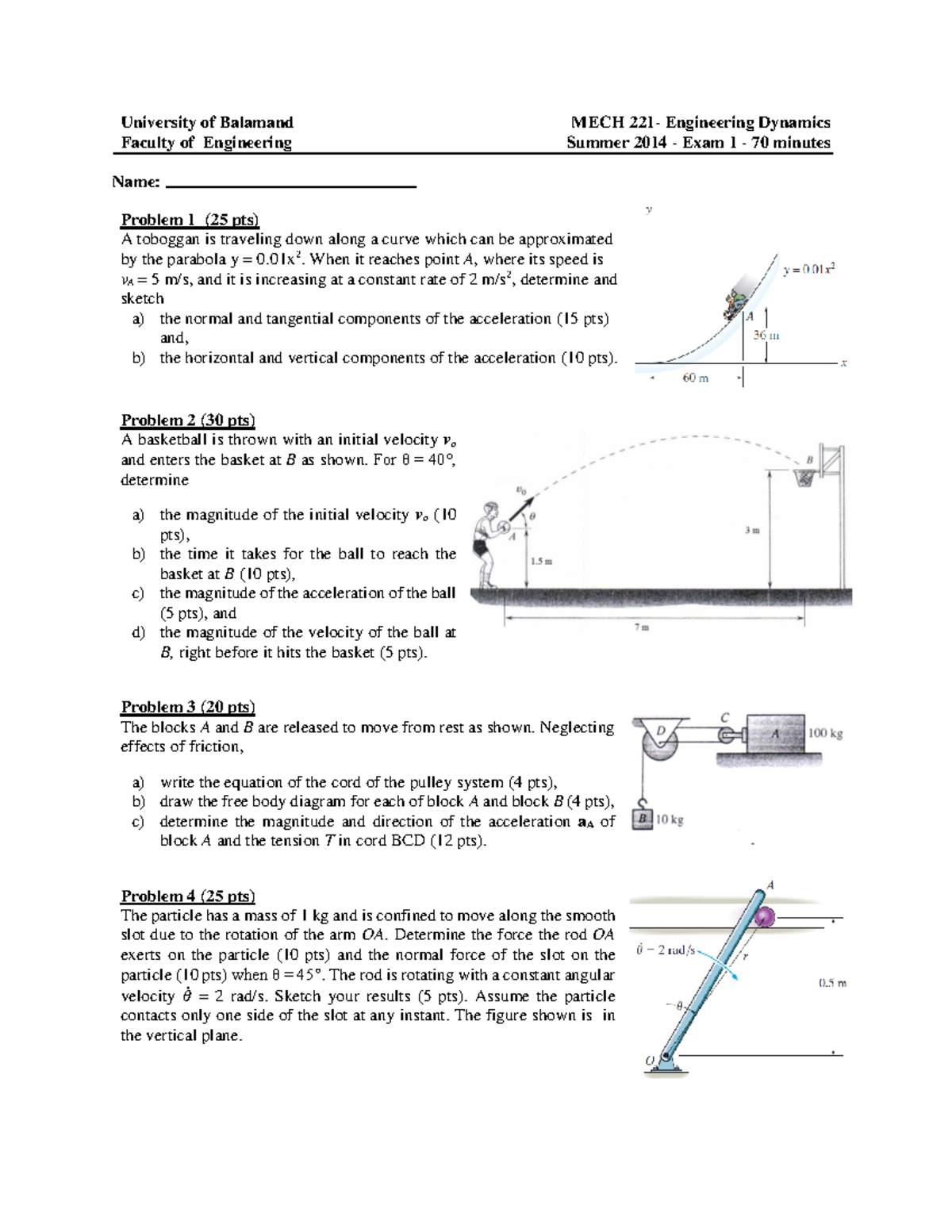 MECH 201 - Summer 2014 Engineering Dynamics Exam Questions & Answers ...