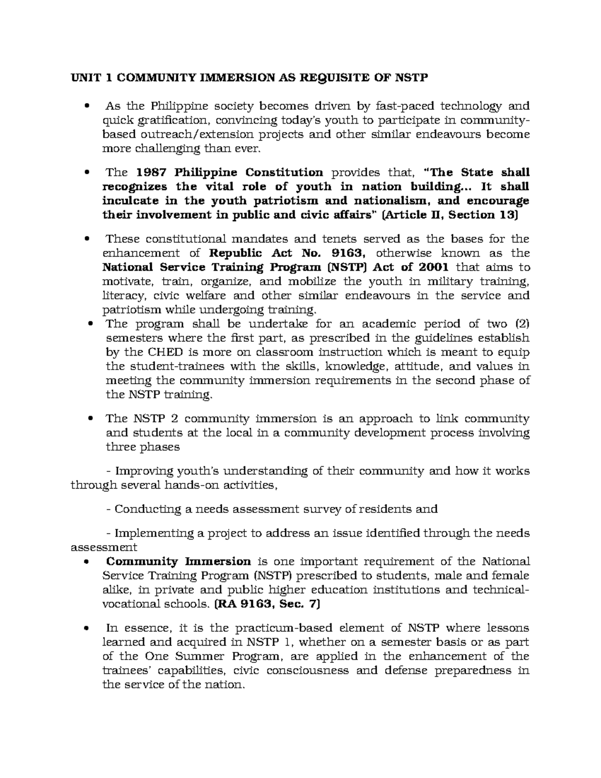 UNIT 1 Community Immersion AS Requisite OF NSTP - National Service ...