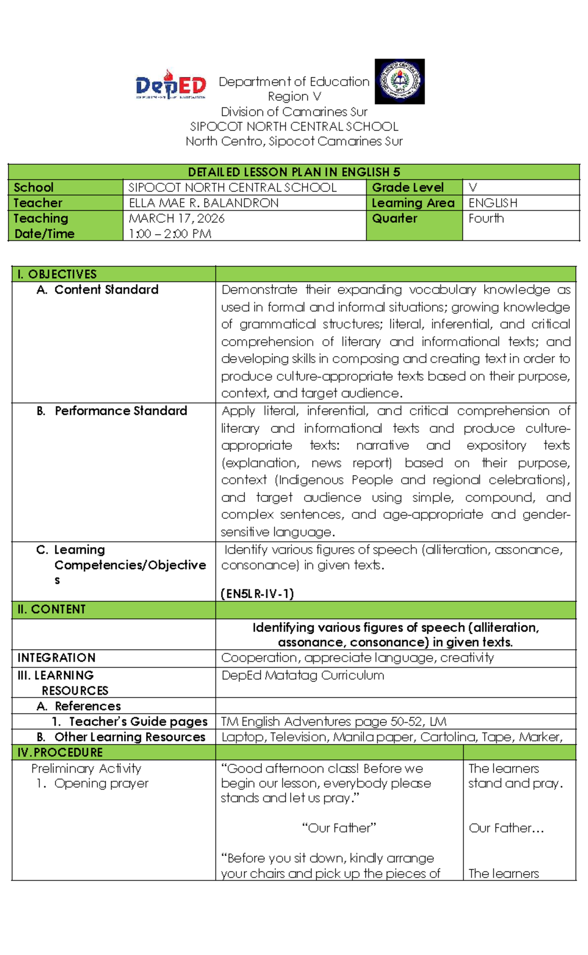 English 5 Final Demo Lesson Plan: Figures of Speech - Studocu