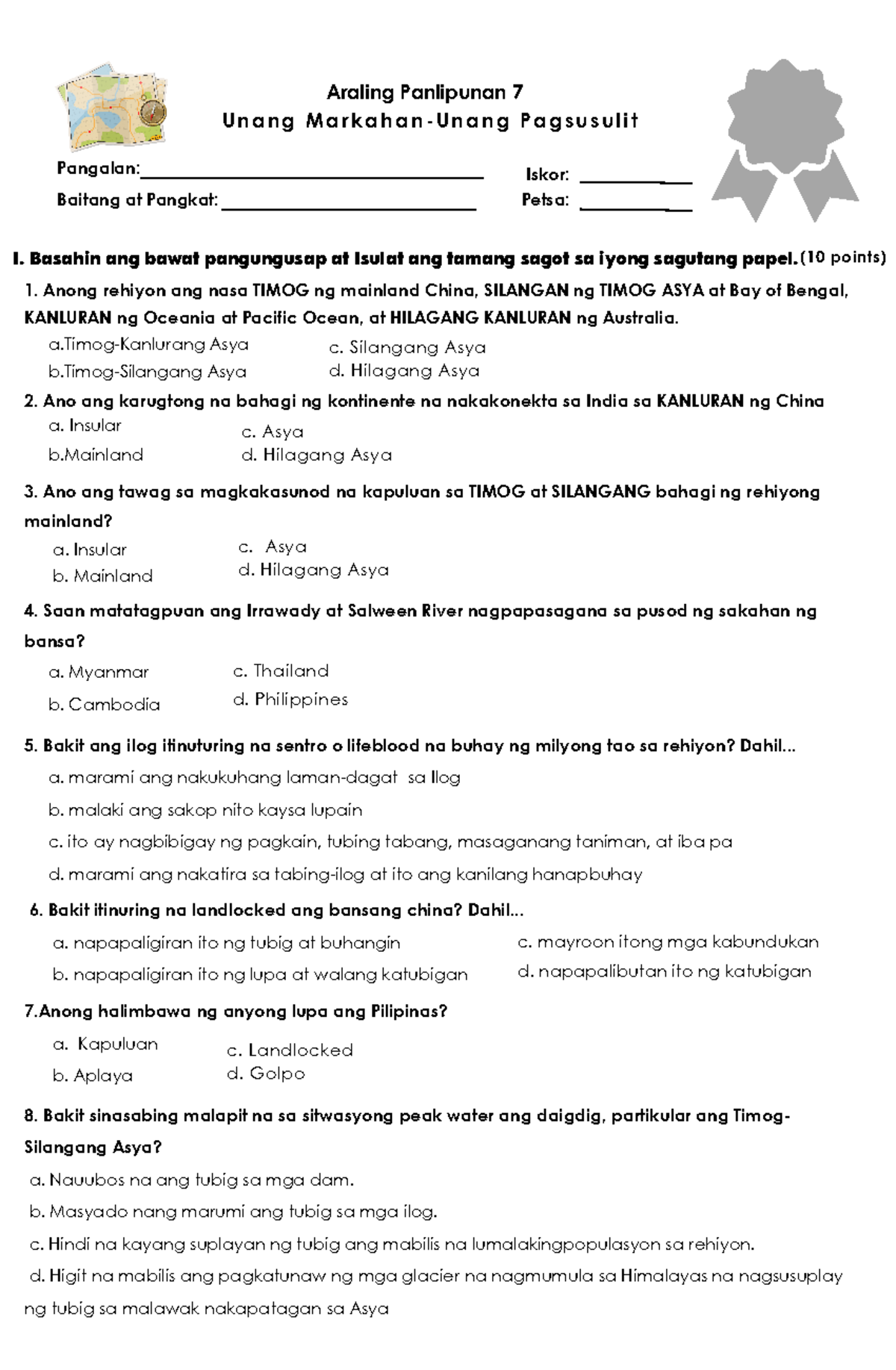 Unang Pagsusulit ap 7 - Quiz 1 - 1. Anong rehiyon ang nasa TIMOG ng ...