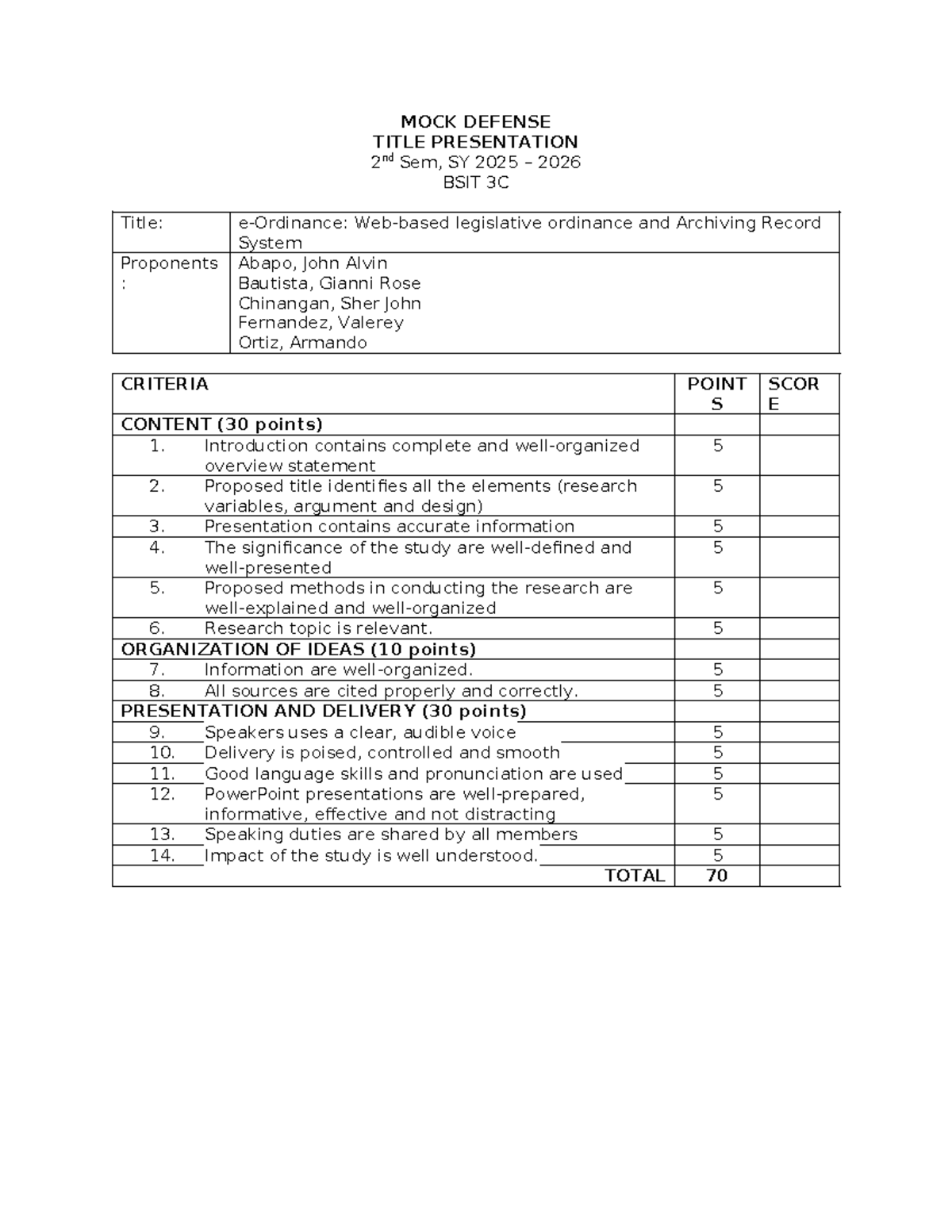 MOCK DEFENSE RUBRIC BSIT 3C 2nd Sem SY 2025-2026 - Studocu