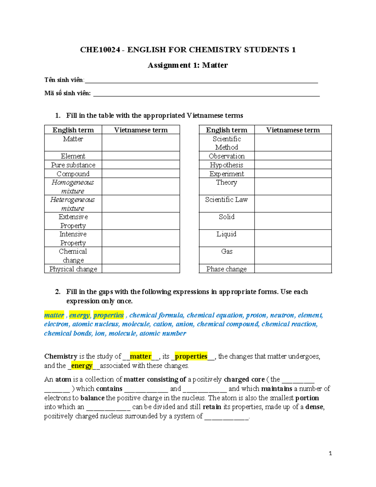 CHE10024 ENGLISH FOR CHEMISTRY STUDENTS 1 Assignment 1: Matter - Studocu