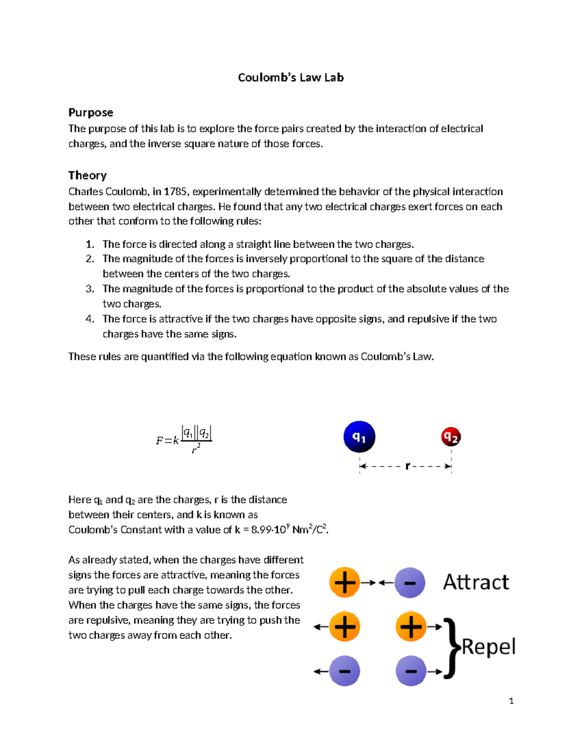Lab 4 - Coulombs Law Complete - Coulomb’s Law Lab Purpose The purpose ...