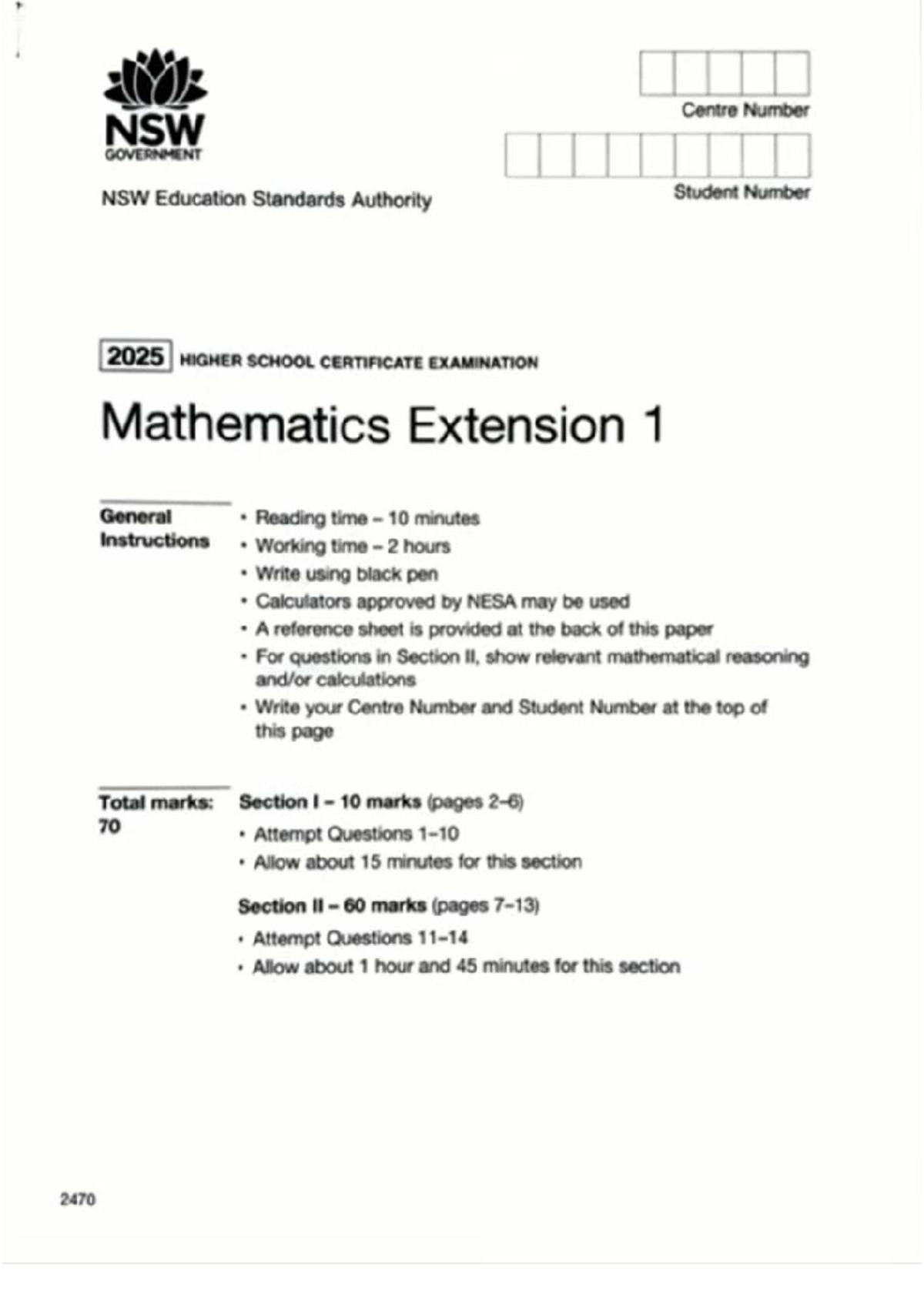 2025 HSC Mathematics Extension 1 Exam Paper - General Instructions ...