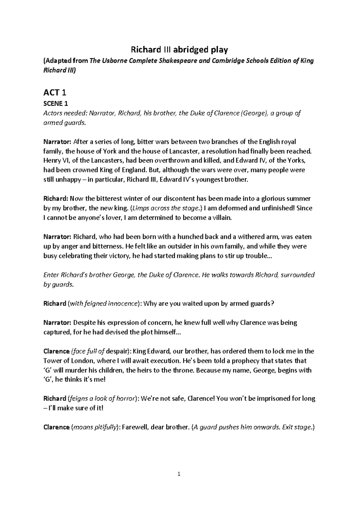Richard III Abridged Play: Adaptation of Act 1 Scenes 1-4 (2023) - Studocu