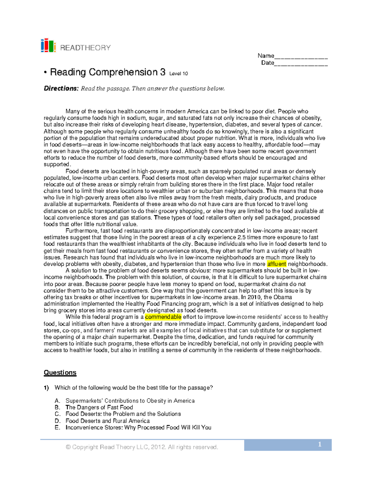 Level 10 Reading Comprehension Passage 3: Food Deserts and Health ...