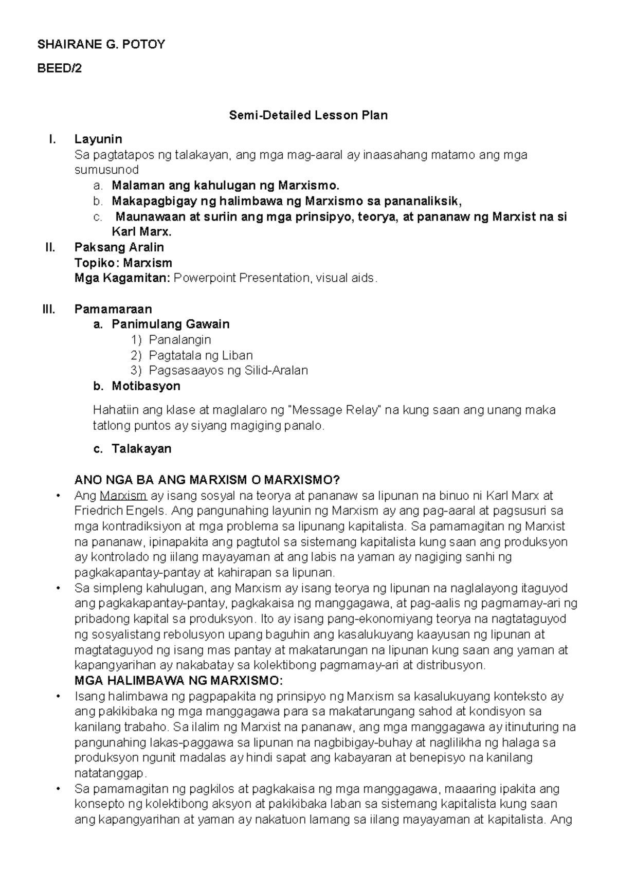 SHAIRANE G. POTOY Lesson Plan on Marxism: Principles and Examples - Studocu