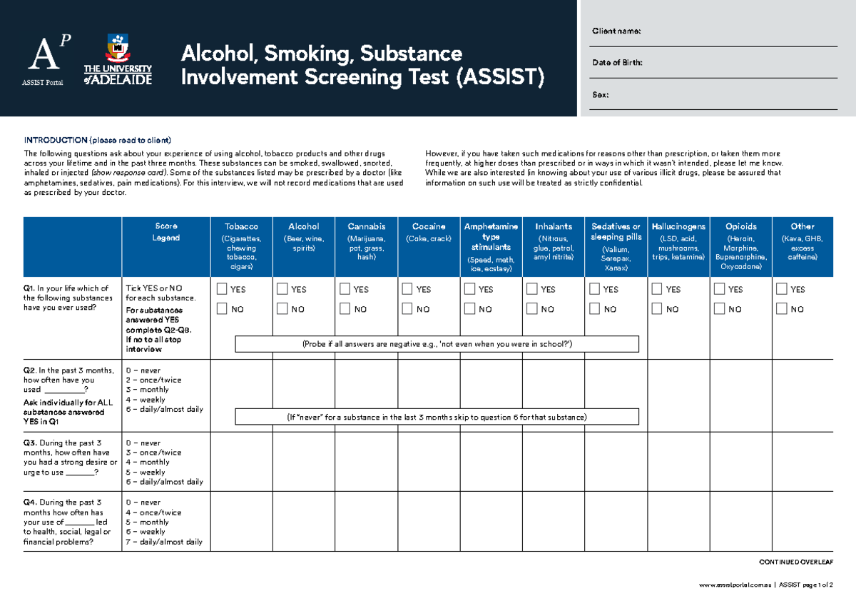 ASSIST Questionnaire: Alcohol, Smoking, & Substance Use Assessment ...