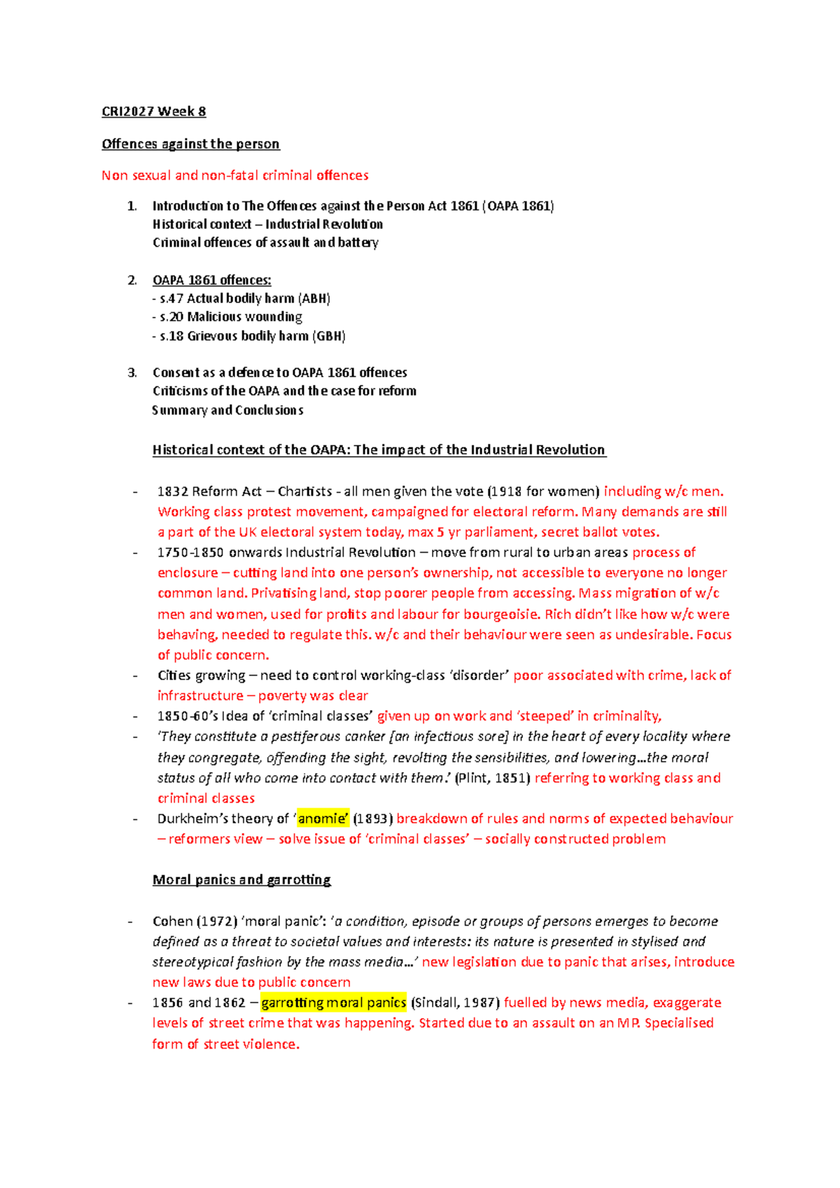 CRI2027 Week 8: Overview of Offences Against the Person Act 1861 - Studocu