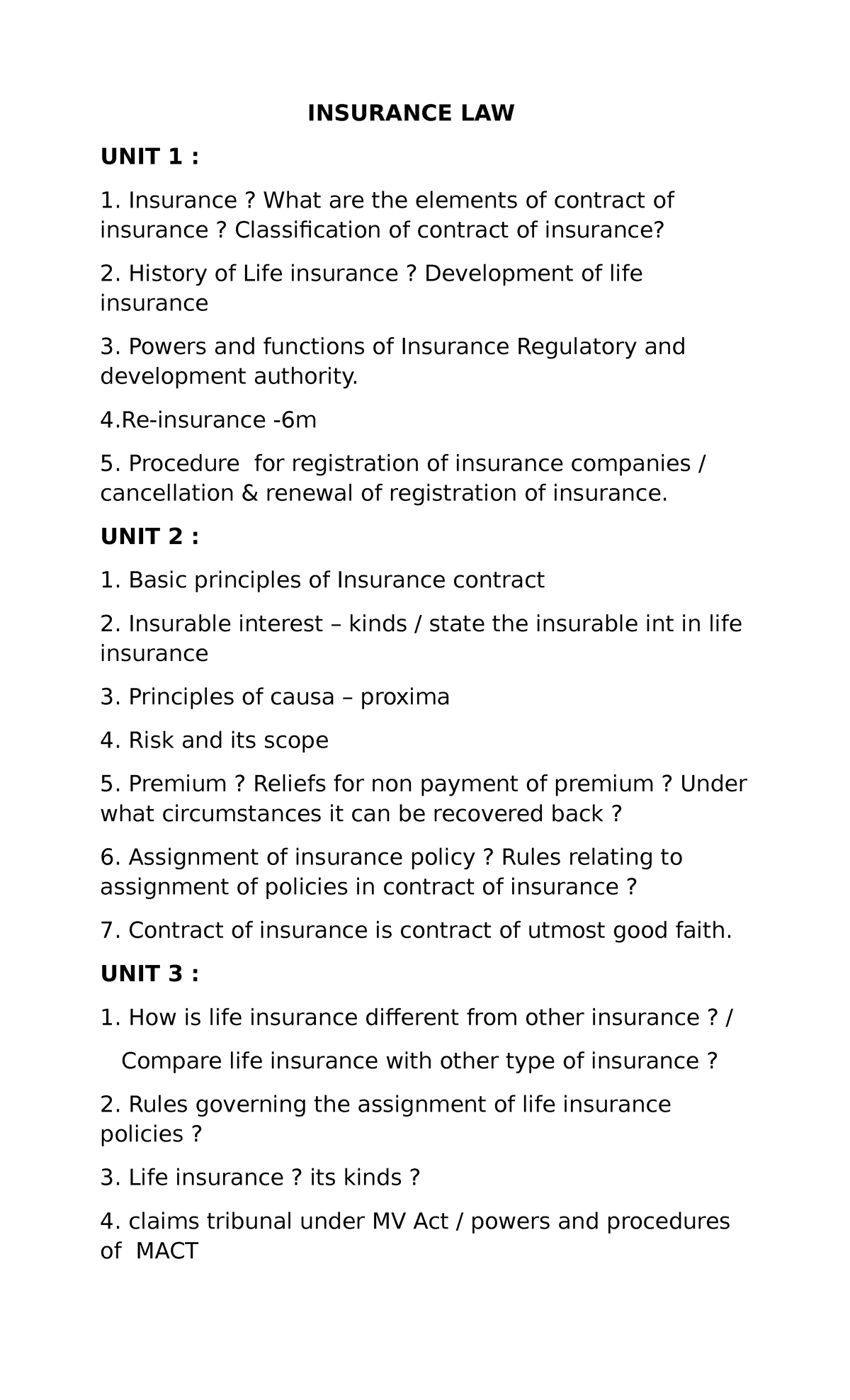 Insurance LAW - Key Questions and Concepts Overview - Studocu