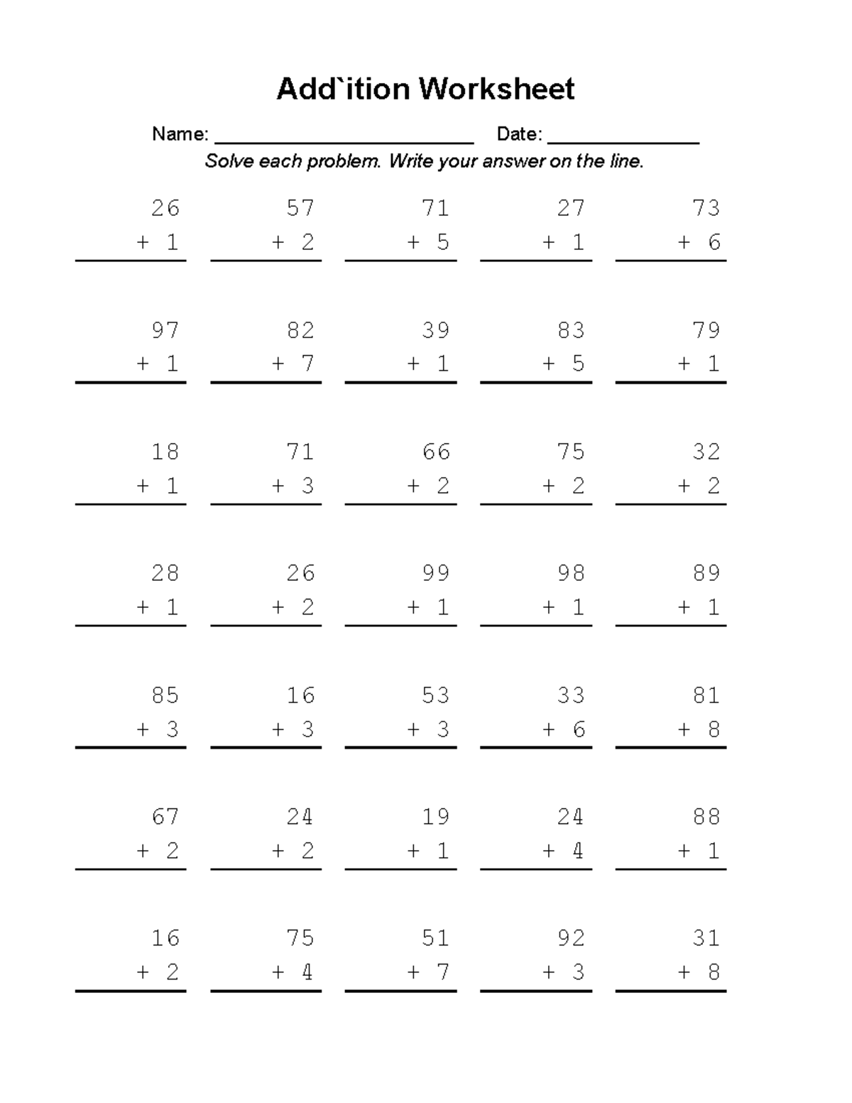 Addition Worksheet: Problem Solving Practice - Studocu