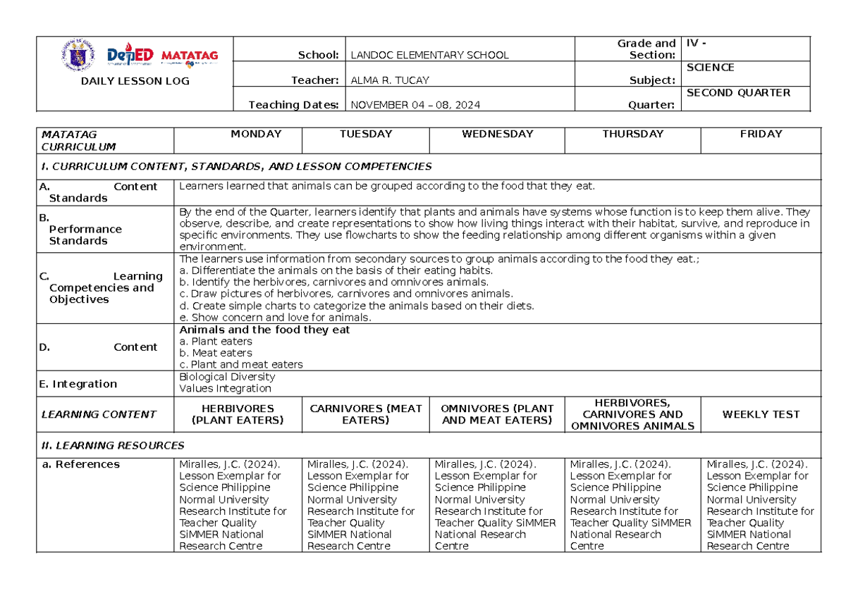 G4Q2W7 Science Daily Lesson Log (Matatag) for Grade IV - Studocu