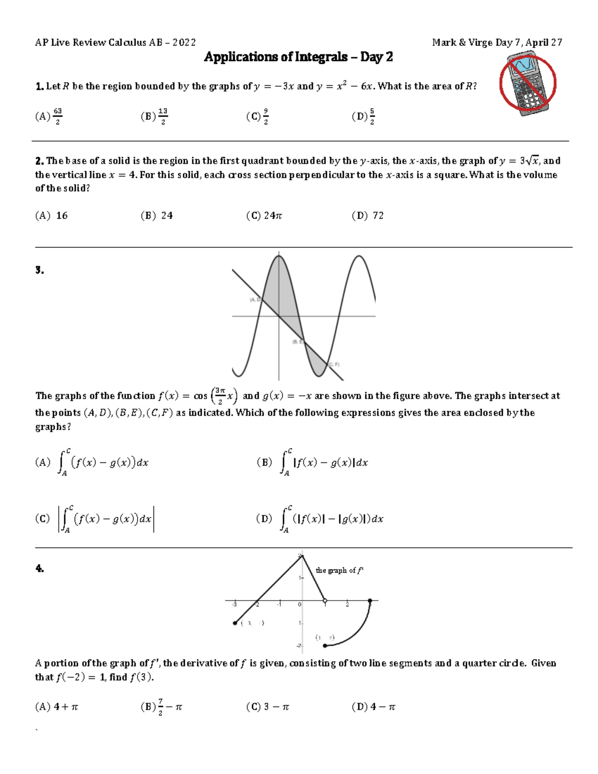 Day 7: Integral Applications in Calculus AB Review (2022) - Studocu