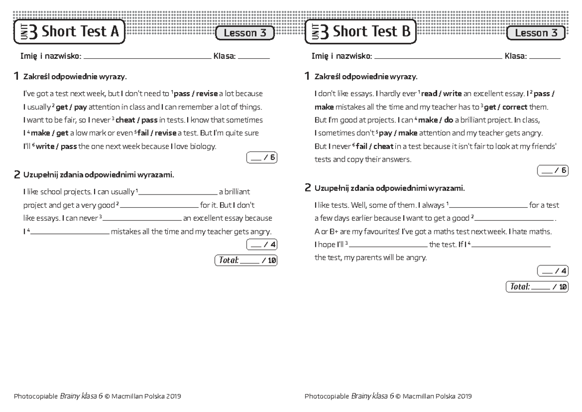 Brainy kl6: Short Tests for Unit 3, Lesson 3 - Studocu