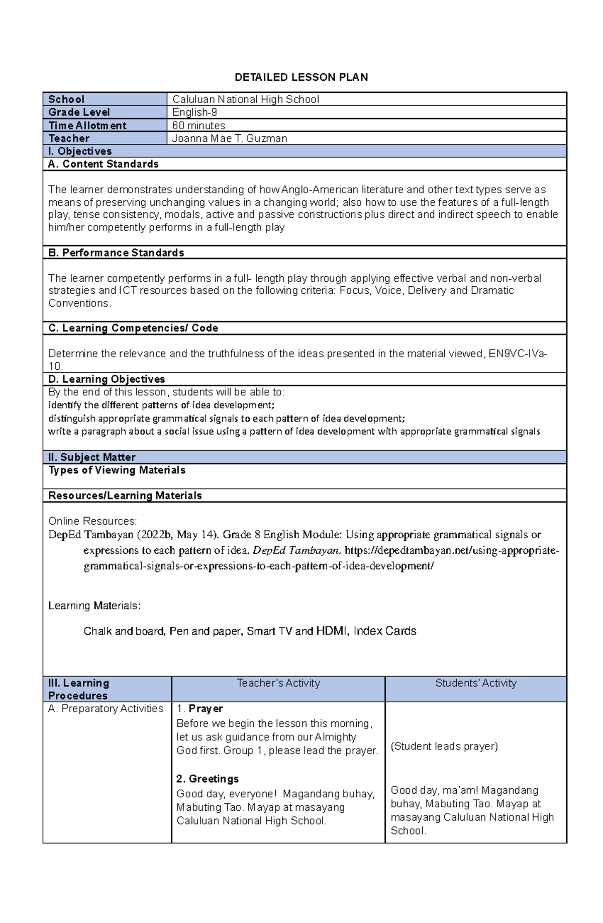 Lesson Plan: Types of Viewing Materials for EN9 - English 9 Class - Studocu