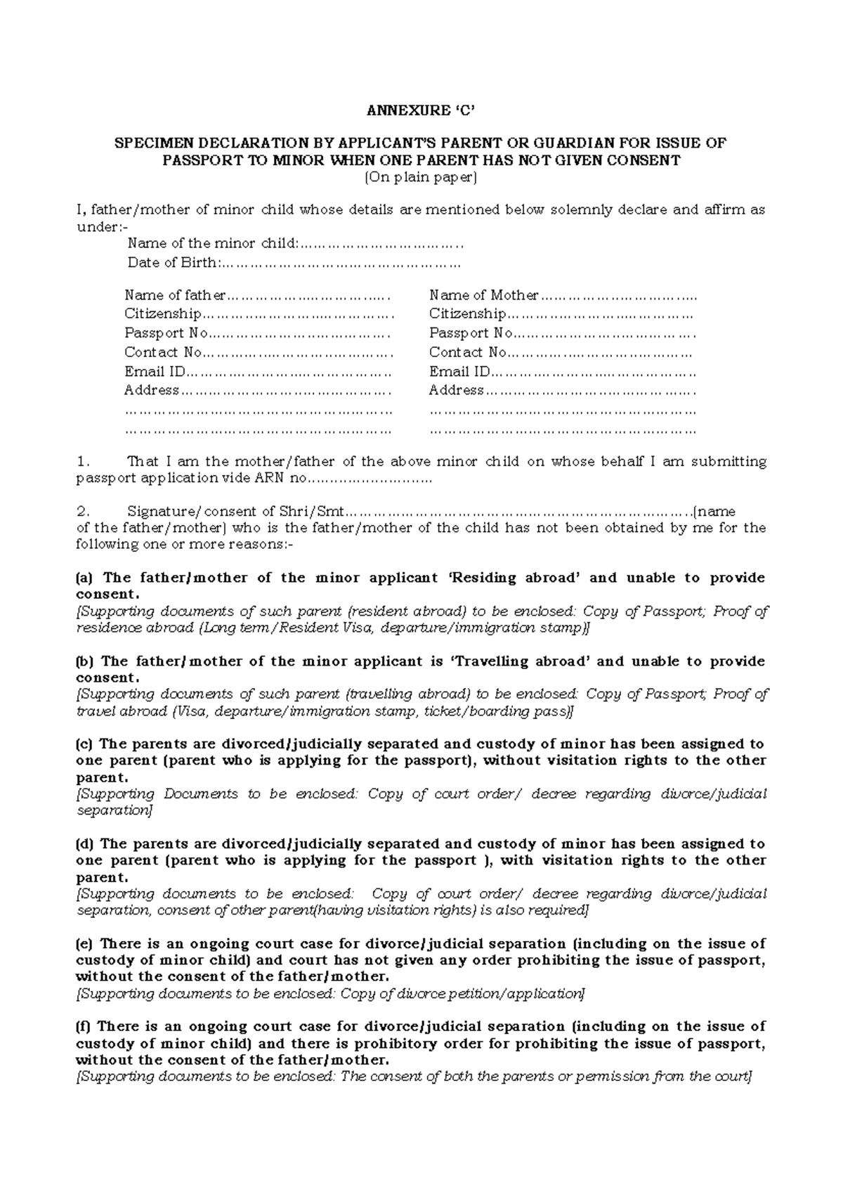 ANNEXURE C: Declaration for Passport Issuance to Minor Without One ...