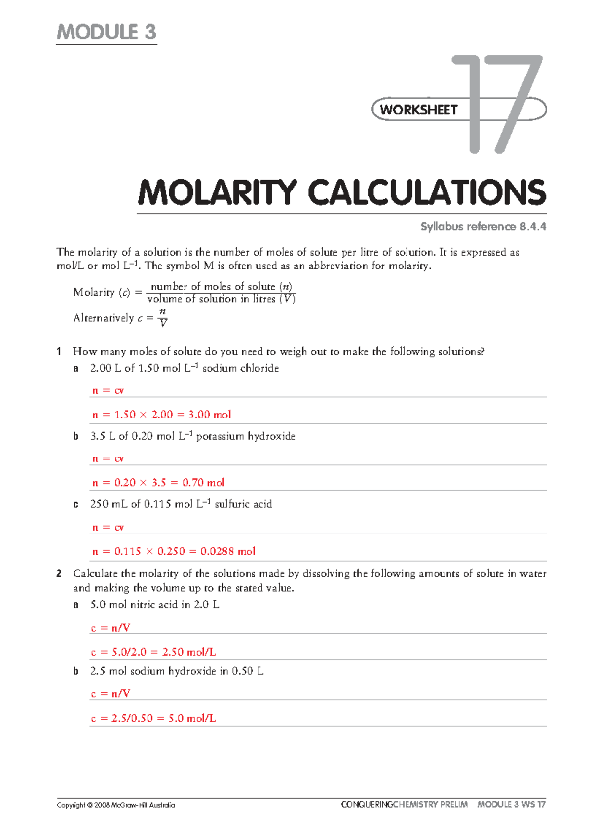M3 WS 17: Molarity Calculations and Solutions Guide - Studocu