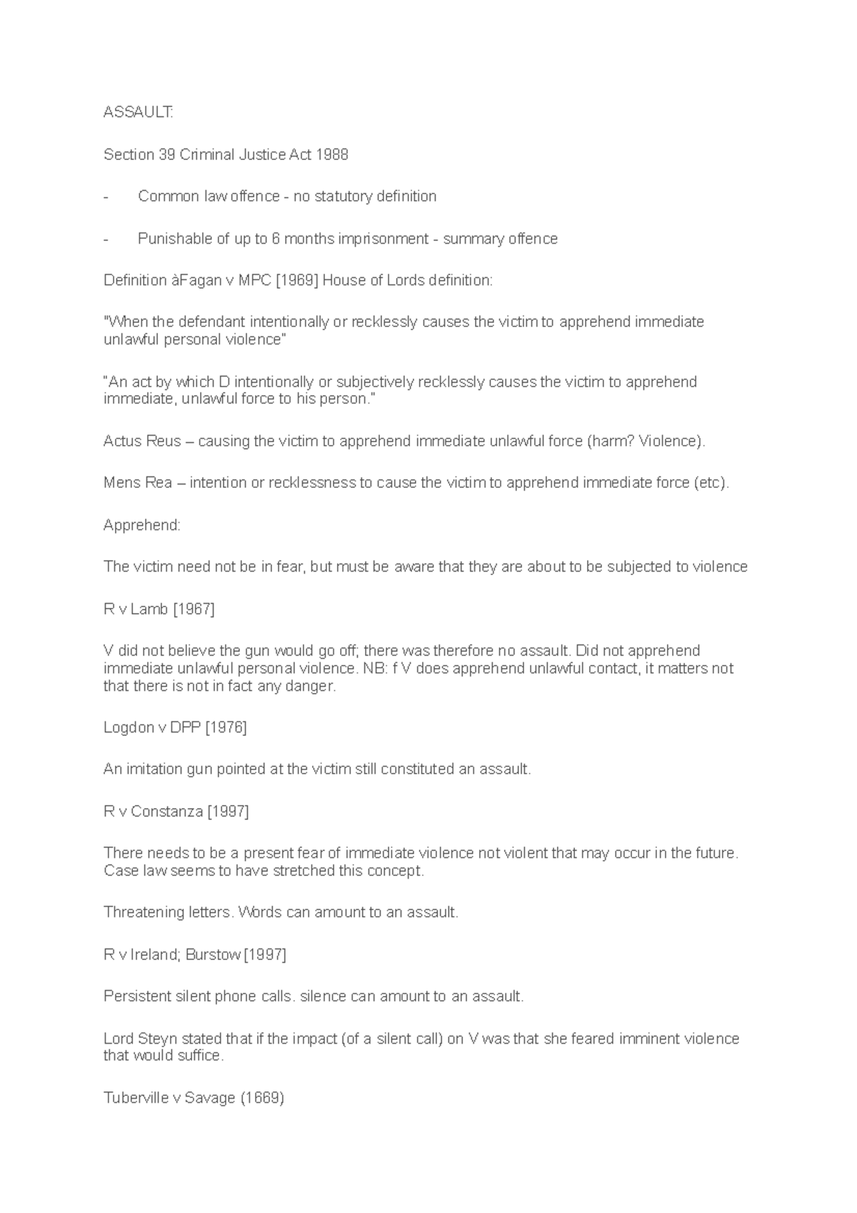 Non Fatal Offences - OAPA - ASSAULT: Section 39 Criminal Justice Act ...