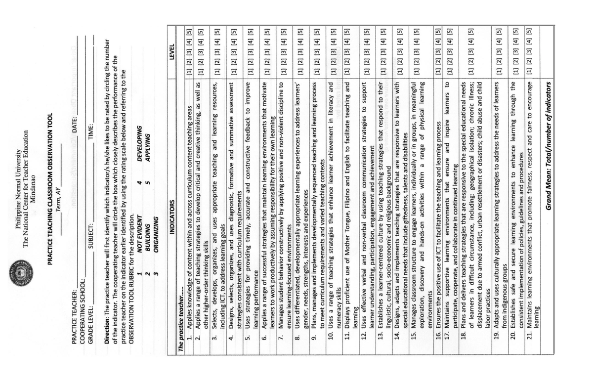 PNU NCTE Mindanao Practice Teaching Classroom Observation Tool - Studocu