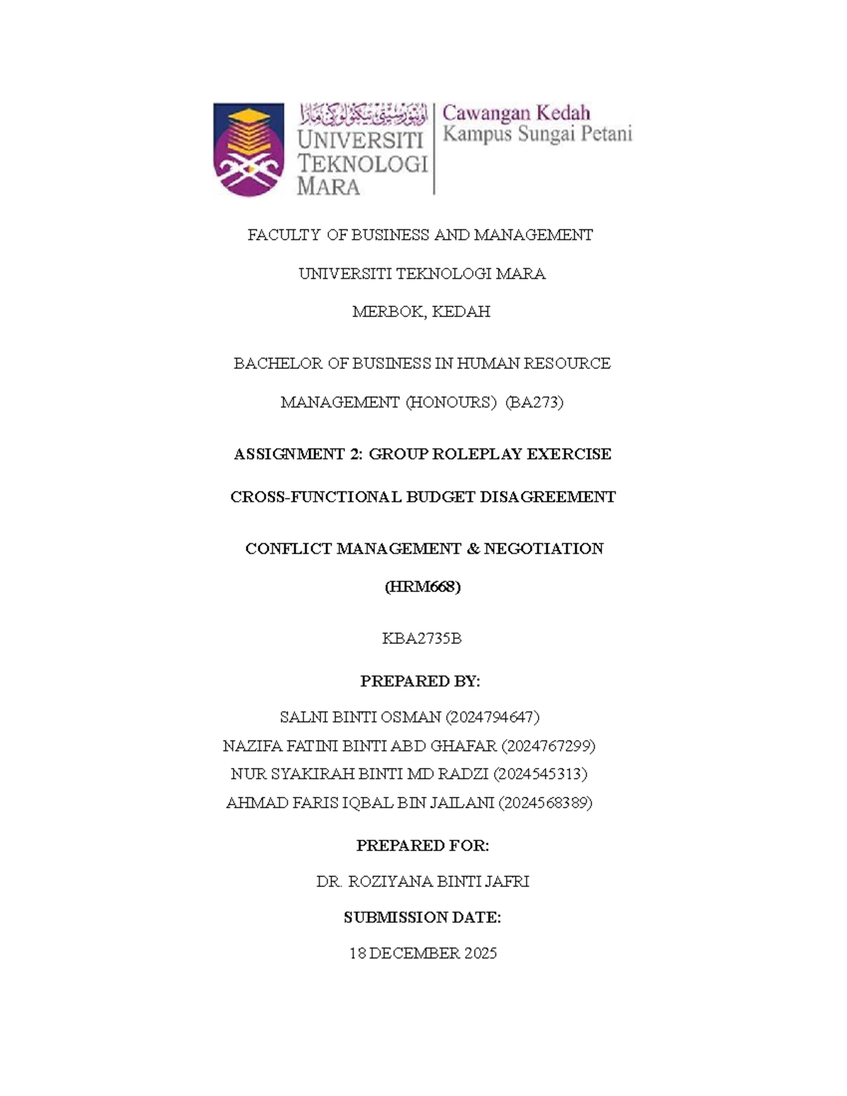HRM668 Group Roleplay: Conflict Management in Budget Disagreement - Studocu