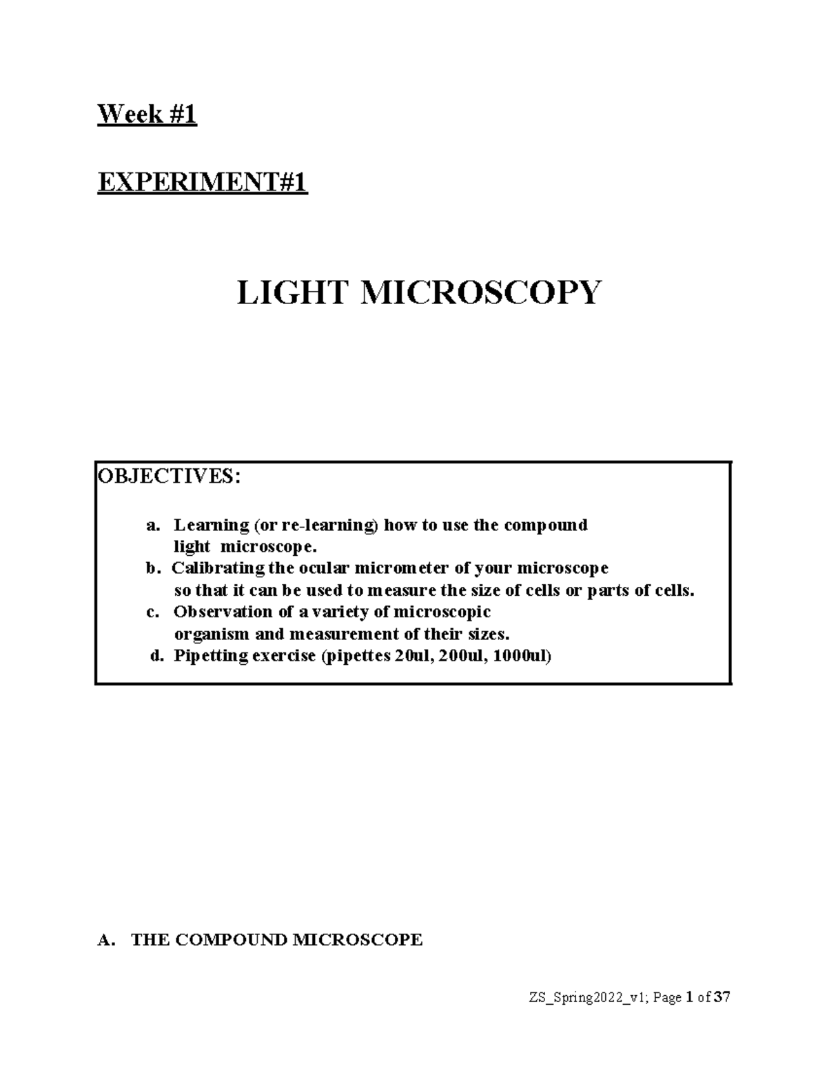 Lab Manual: Week 1-5 Light Microscopy Techniques and Procedures - Studocu