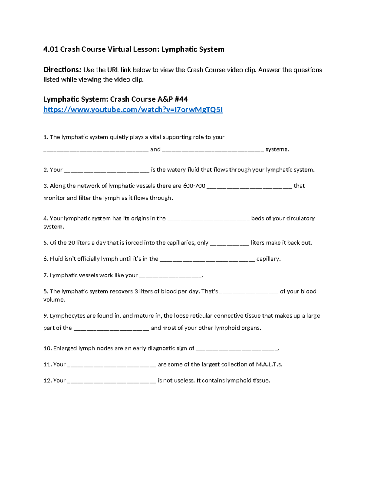 4.01 Crash Course Virtual Lesson Lymphatic System S.Lipscomb - 4 Crash ...