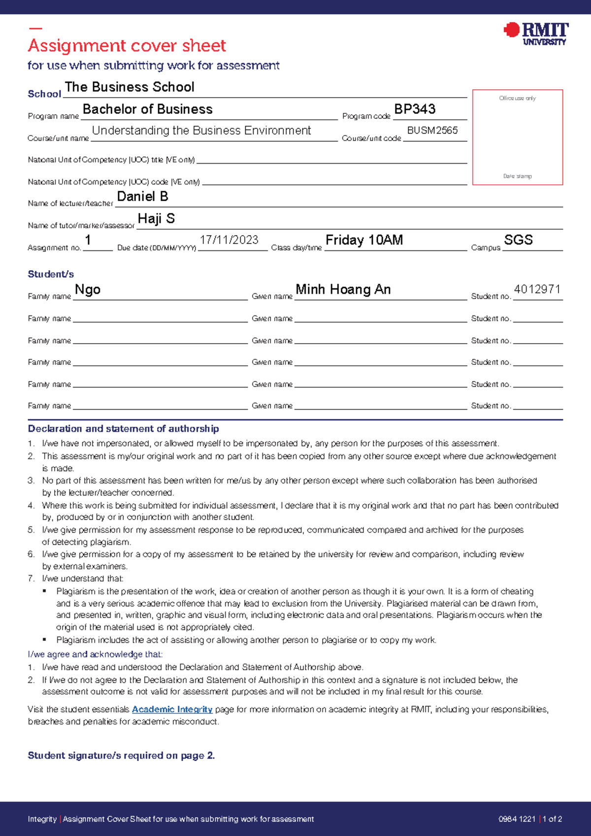 Assignment Cover Sheet for Submission of Work (Course Code Included ...