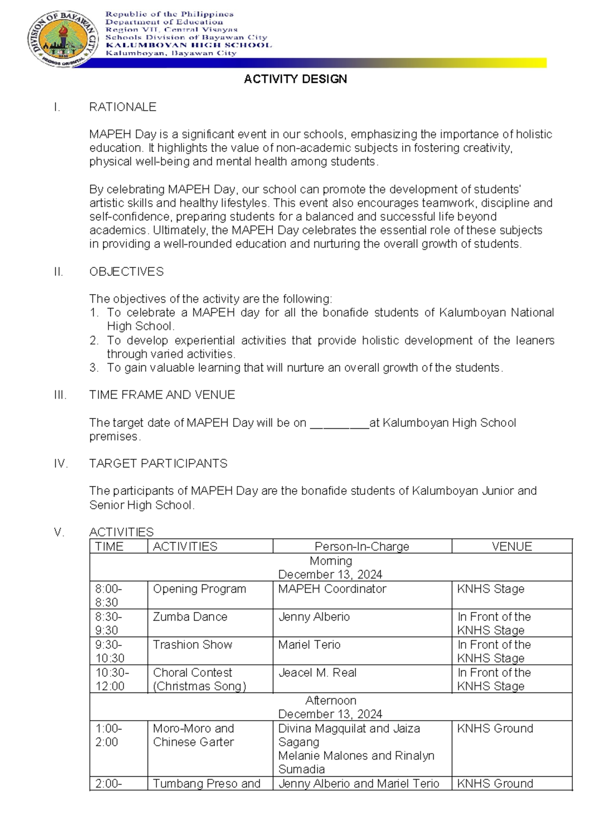 Activity Design for MAPEH Day at Kalumboyan High School - Studocu