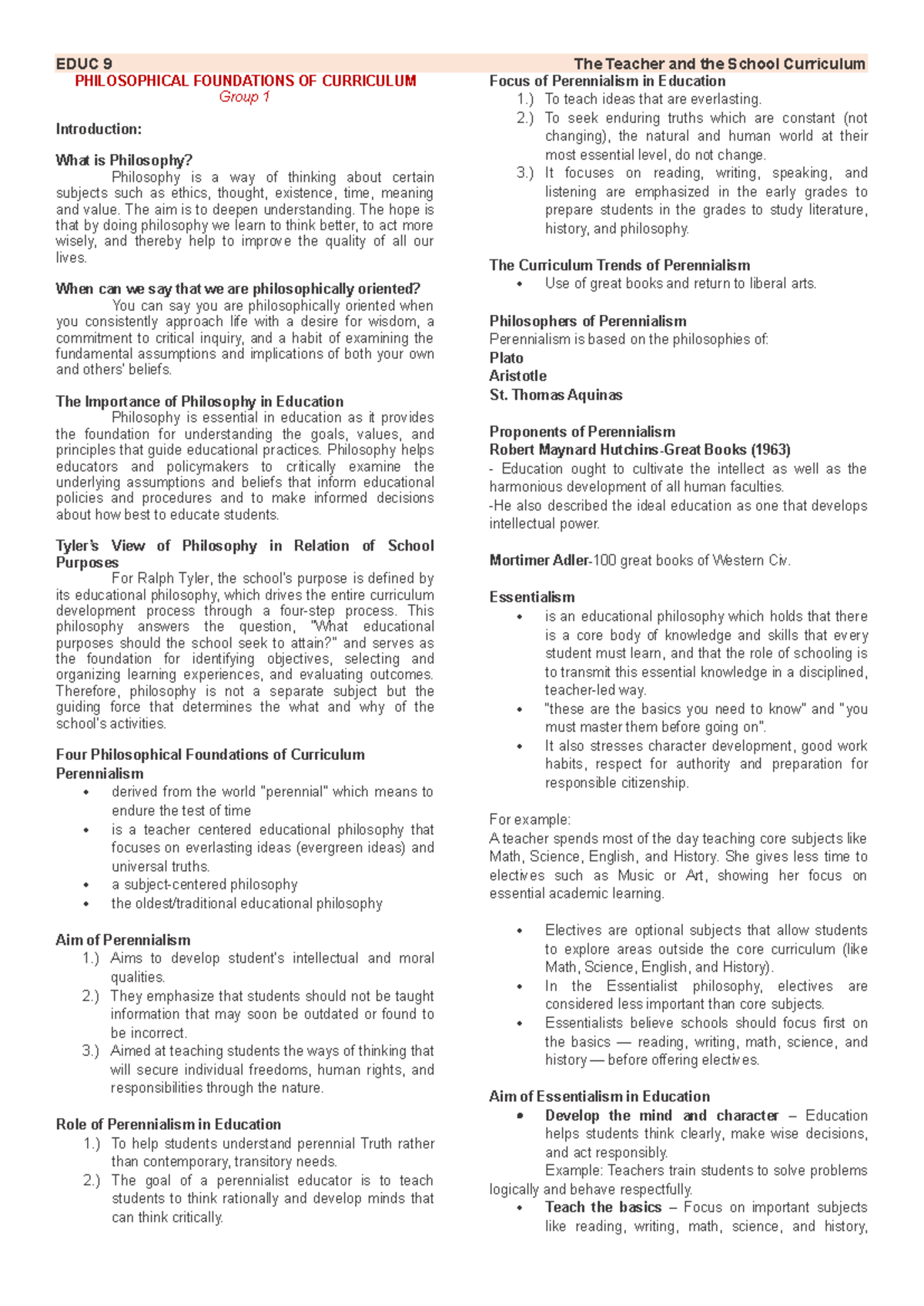 EDUC 9 PHILOSOPHICAL FOUNDATIONS OF CURRICULUM: Key Concepts and ...