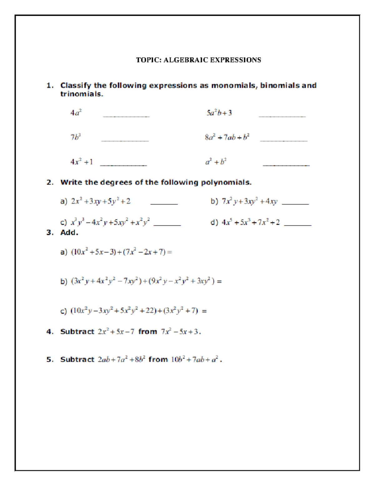 CBSE Class 8 Algebraic Expressions and Identities Worksheet - TOPIC ...