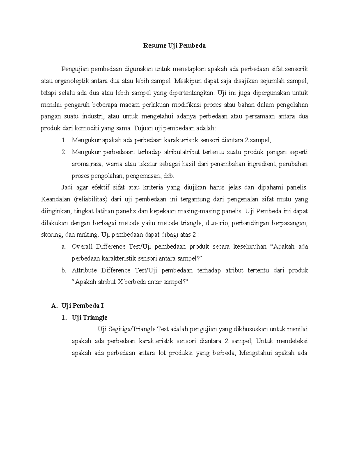 Resume Uji Pembeda - Analisis Perbedaan Sensori dan Organoleptik - Studocu