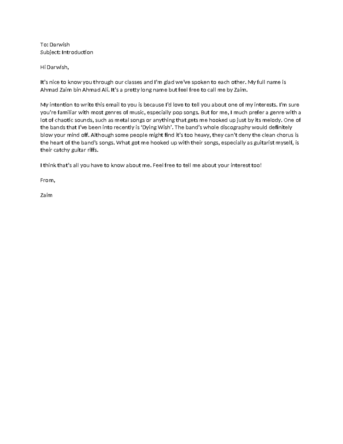 Example Email: Introduction to Ahmad Zaim's Music Interests - Studocu