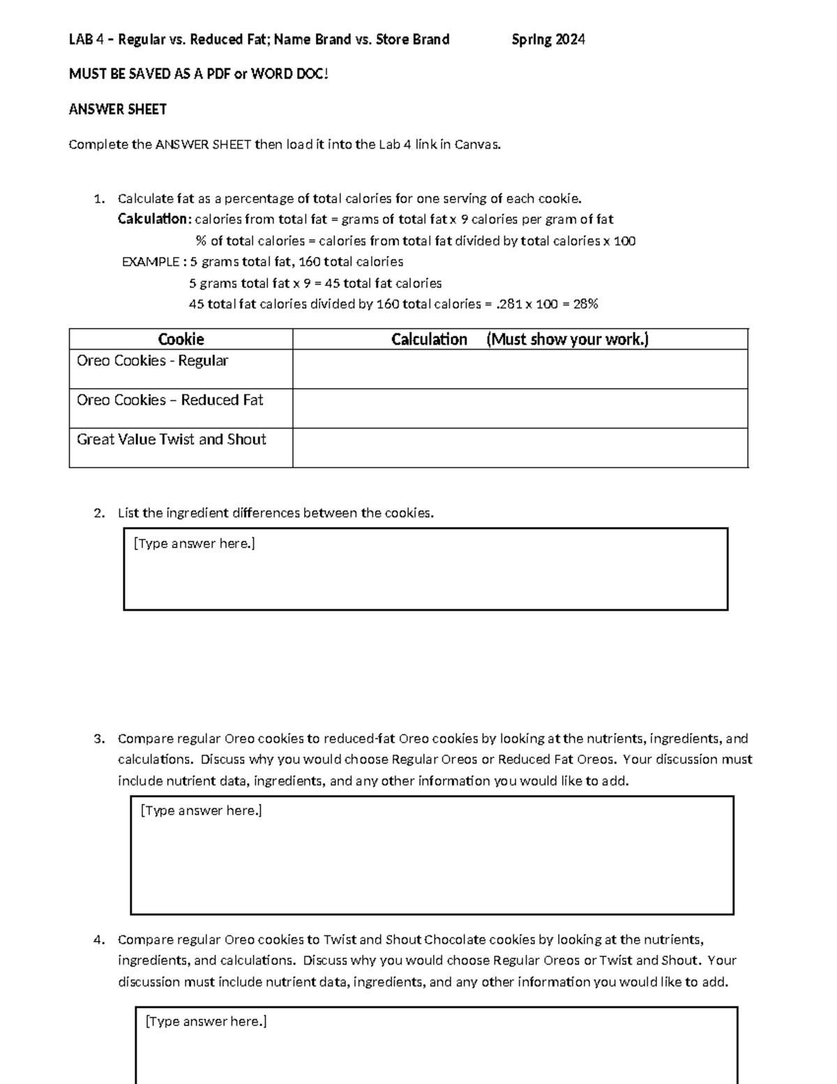 Lab 4 Regular vs Reduced Fat Spring 2024 answer sheet - LAB 4 – Regular ...