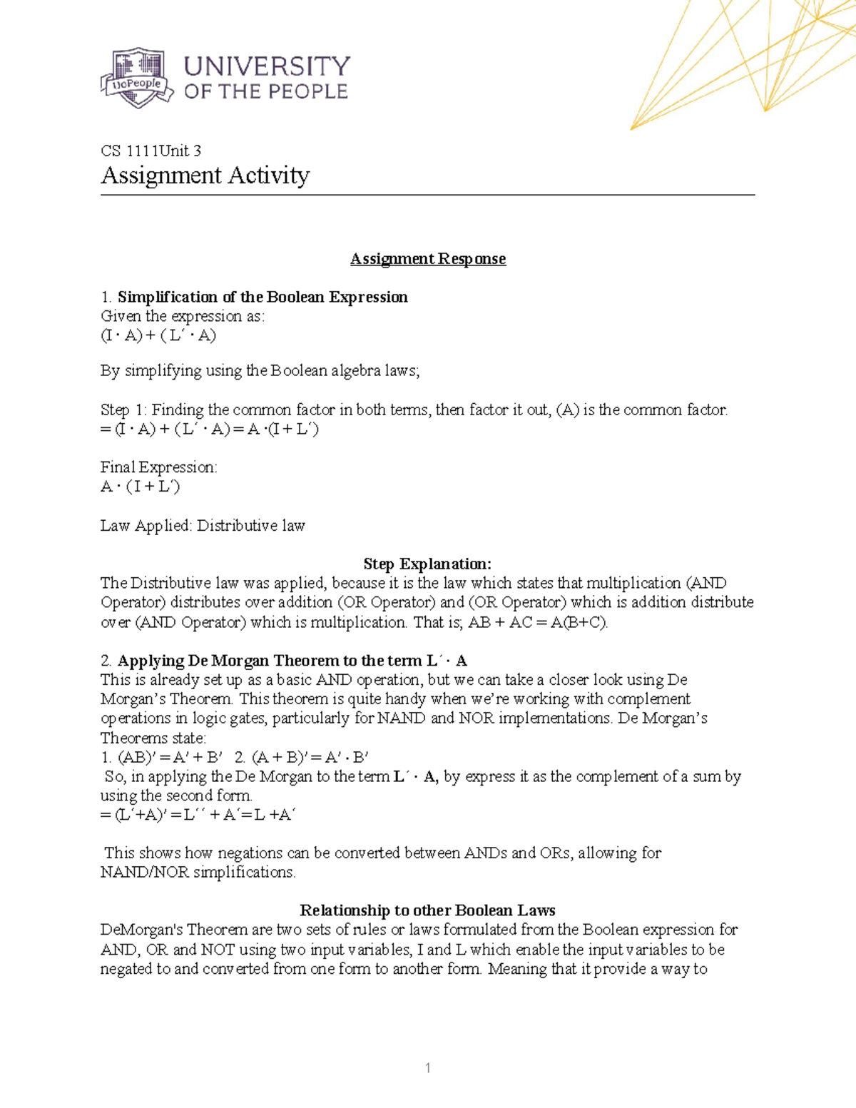 CS 1111-01 Unit 3 Assignment: Boolean Expression Simplification - Studocu
