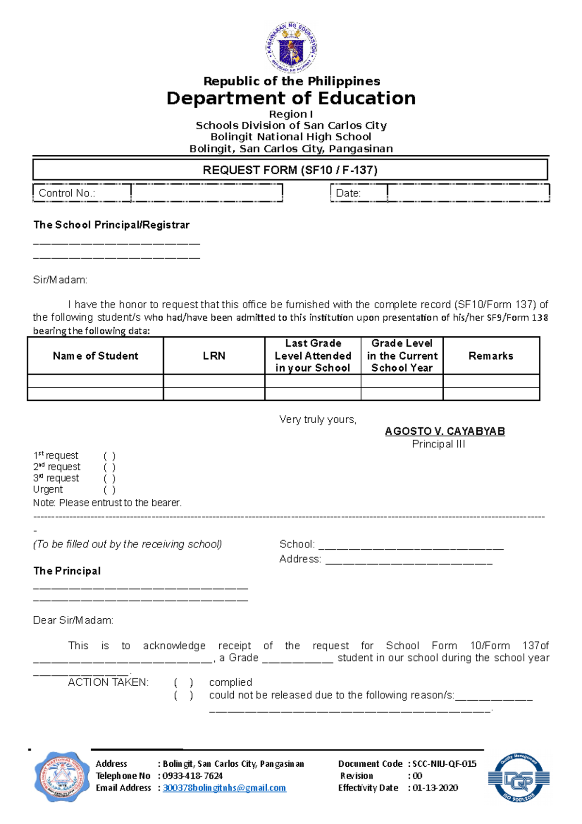 SCC-NIU-QF-015- Request Form for School Form 10/Form 137 - Studocu