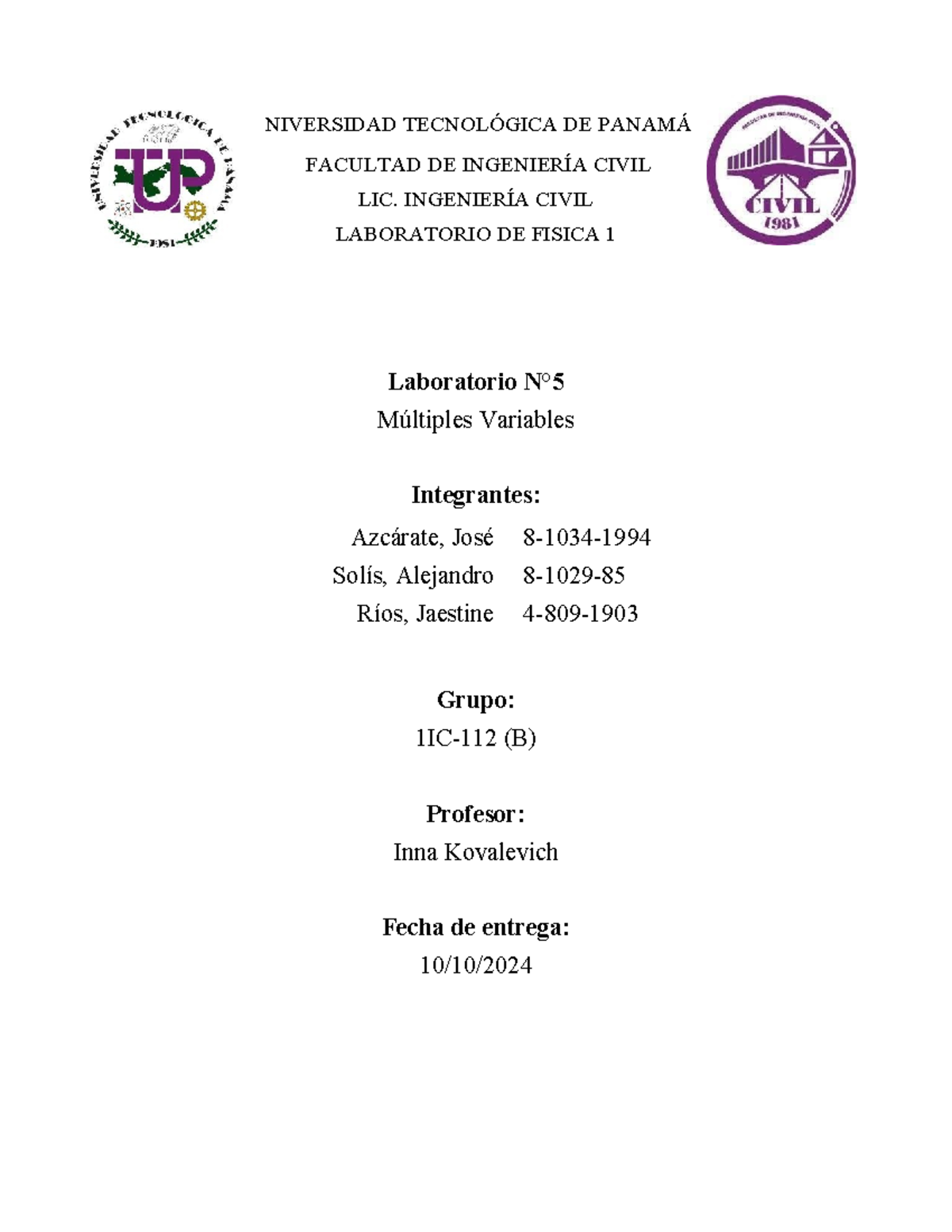 Informe de Lab 5: Múltiples Variables en Física 1 - FIS 5 - Studocu