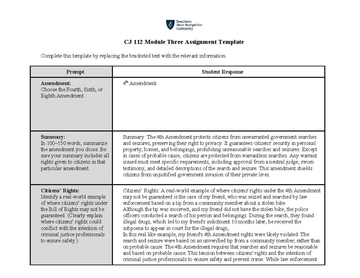 CJ 112 Module 3 Assignment on the 4th Amendment Rights - Studocu
