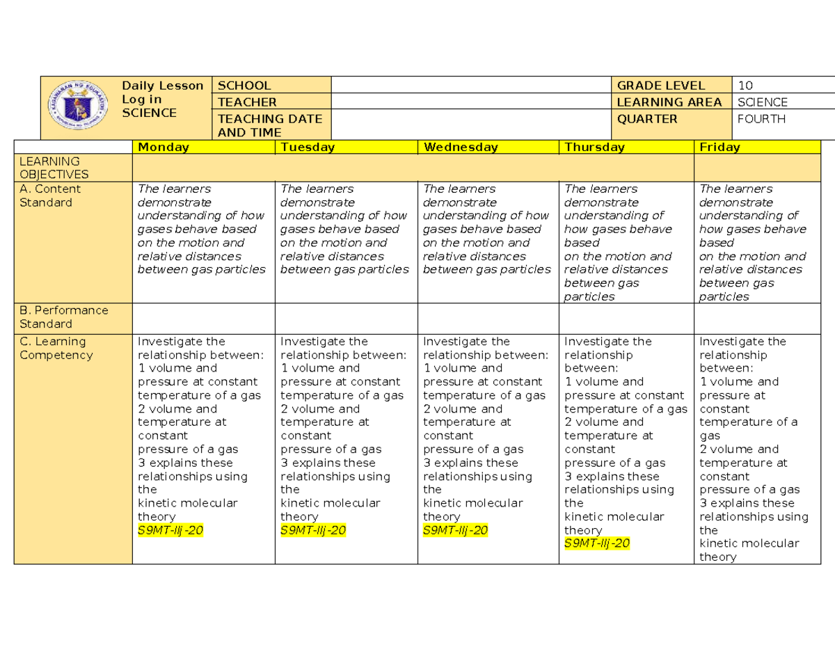 Daily Lesson Log for Science (Grade 10) - 4th Quarter - Studocu