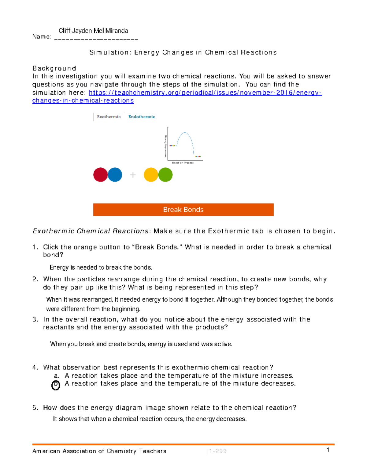 CHEM 101 - Simulation: Energy Changes in Chemical Reactions Analysis ...
